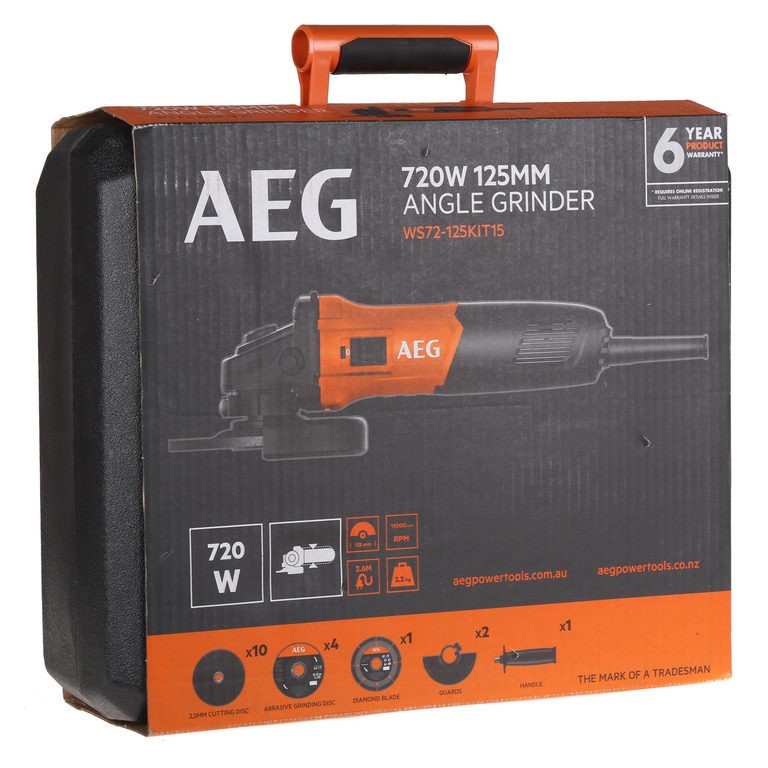 AEG 720W Angle Grinder 125mm c/w 15 x Cutting & Grinding Discs in Blow ...