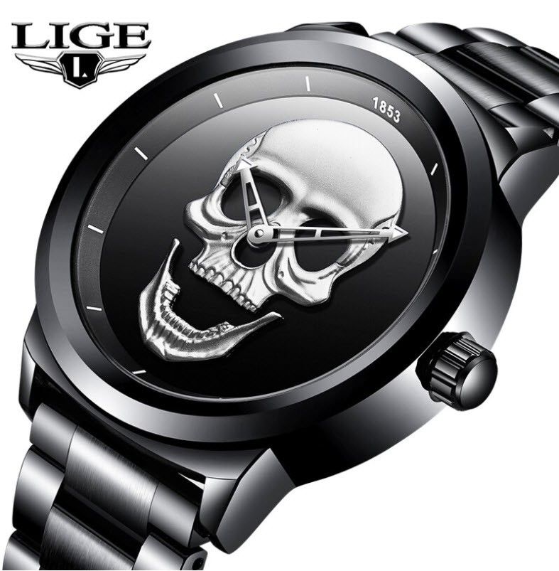 LIGE Men 3D Skull design SS Water-Resistant Quartz Watch 9876 Silver ...