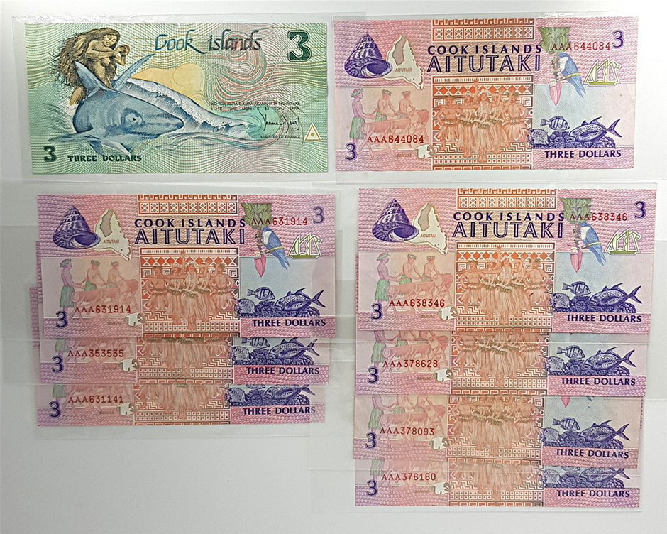 Cook Island $3 AAA prefix banknotes x 9 Auction (0051-2534999) | Grays ...