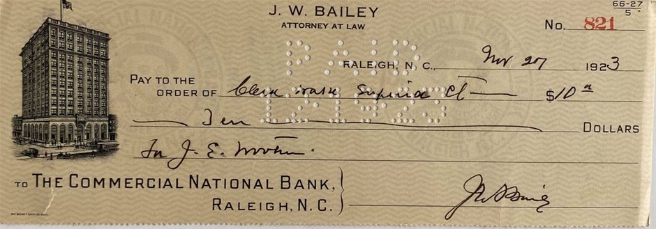 Joseph Weldon Bailey (d 1929) hand signed 1923 bank cheque Auction ...