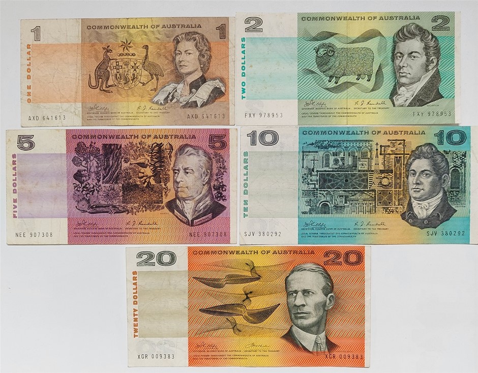 Complete Set of Commonwealth of Australia Banknotes - $1, $2, $5, $10 ...
