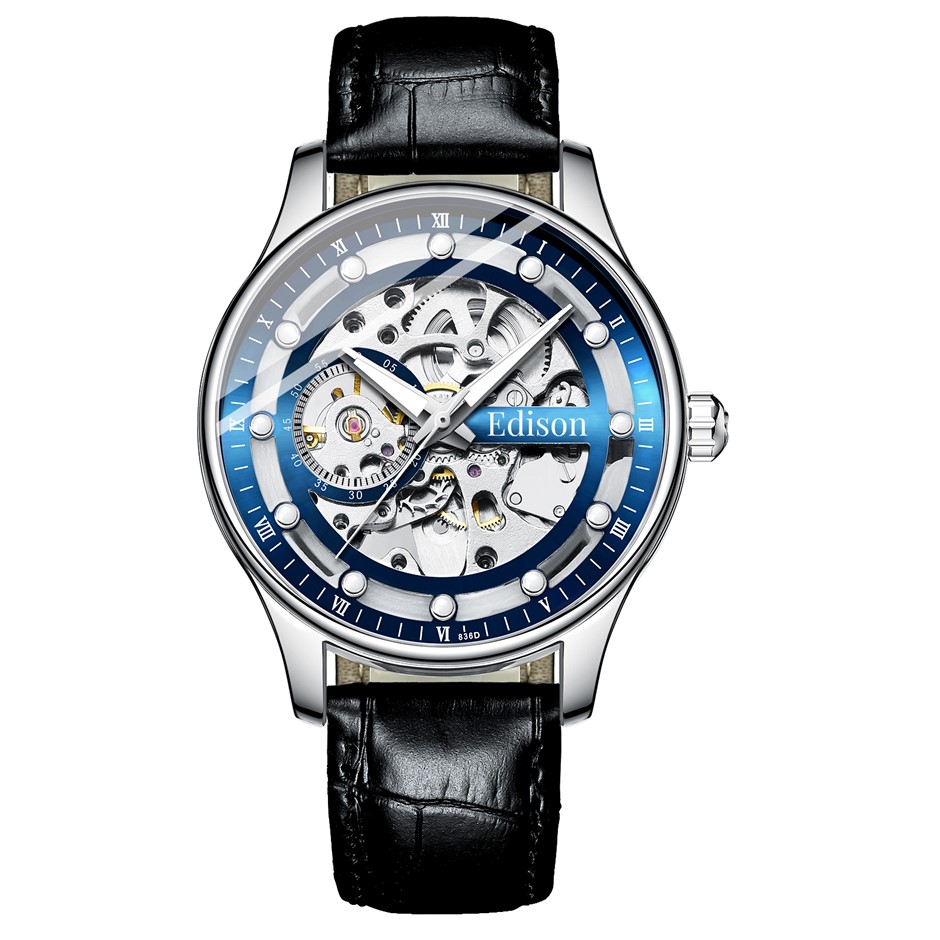 Men’S Black Edison Automatic Watch, Blue & Silver Skeleton Dial Auction ...