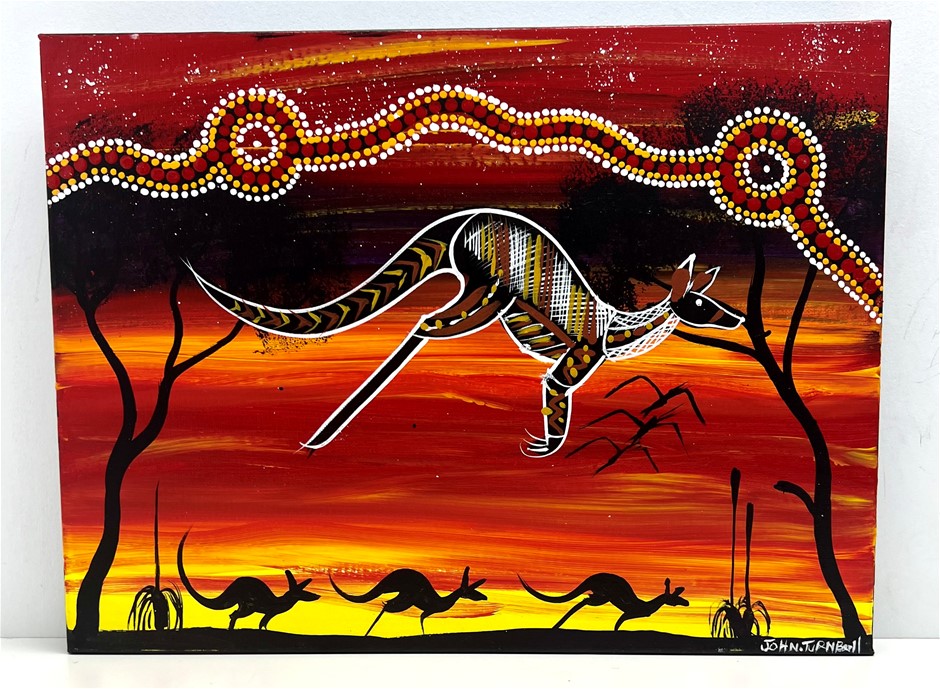 Aboriginal Painting on Canvas By John Turnball "4 Kangaroos In Sunset ...