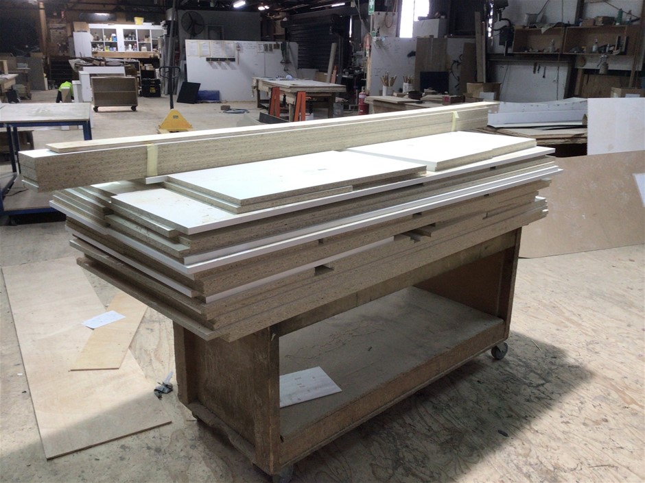 Timber fabricated trolley with contents of laminated board Auction ...