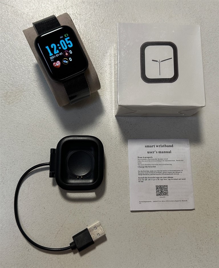 Smart Sports Watch with USB Charging Cord - Metal Strap (Black) Auction ...