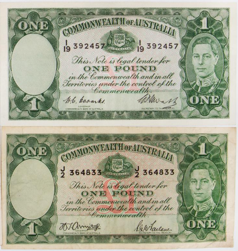Assorted 1942-1949 ('J/2' & 'I/19' Prefix) Australian One Pound ...