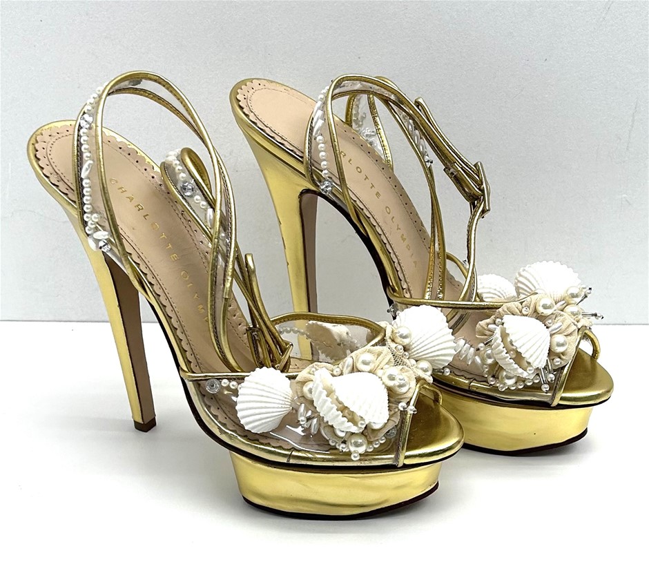 Charlotte Olympia Gold Leather & Seashell Ankle Wrap Platform Heels ...