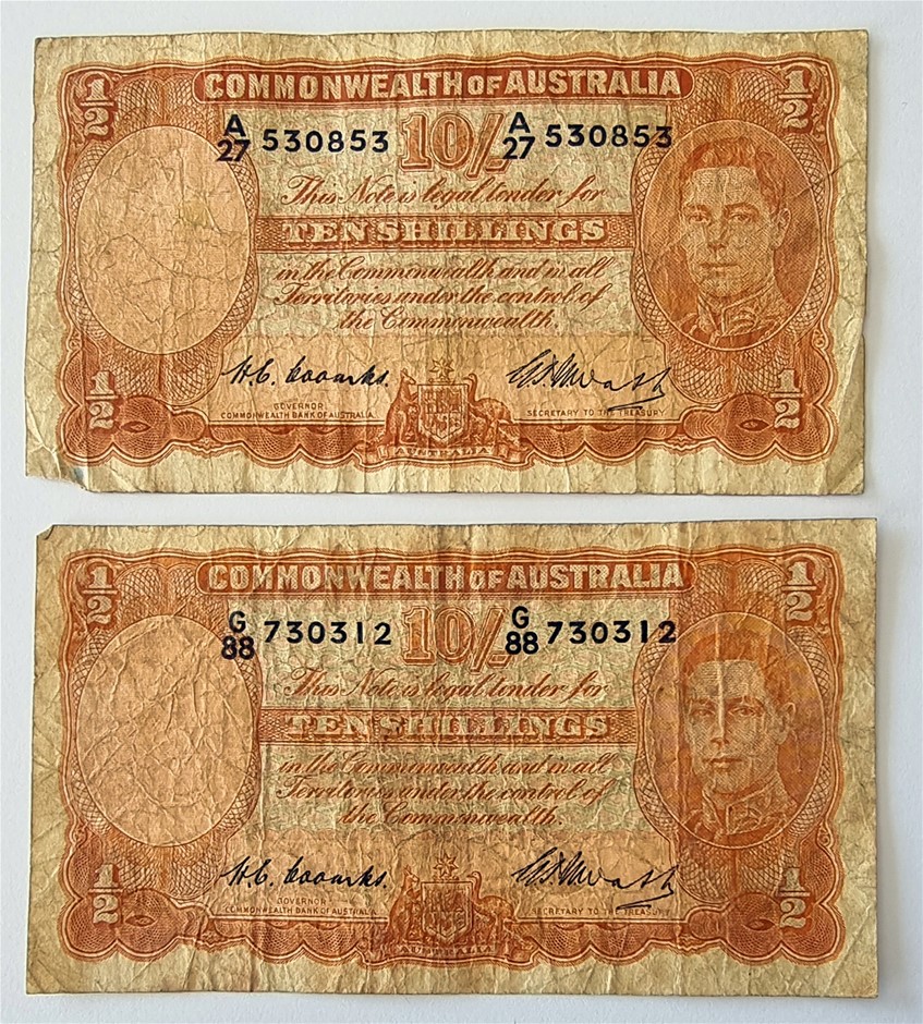 A PAIR OF 1949 AUSTRALIAN TEN SHILLING BANKNOTES Auction (0014-2556122 ...