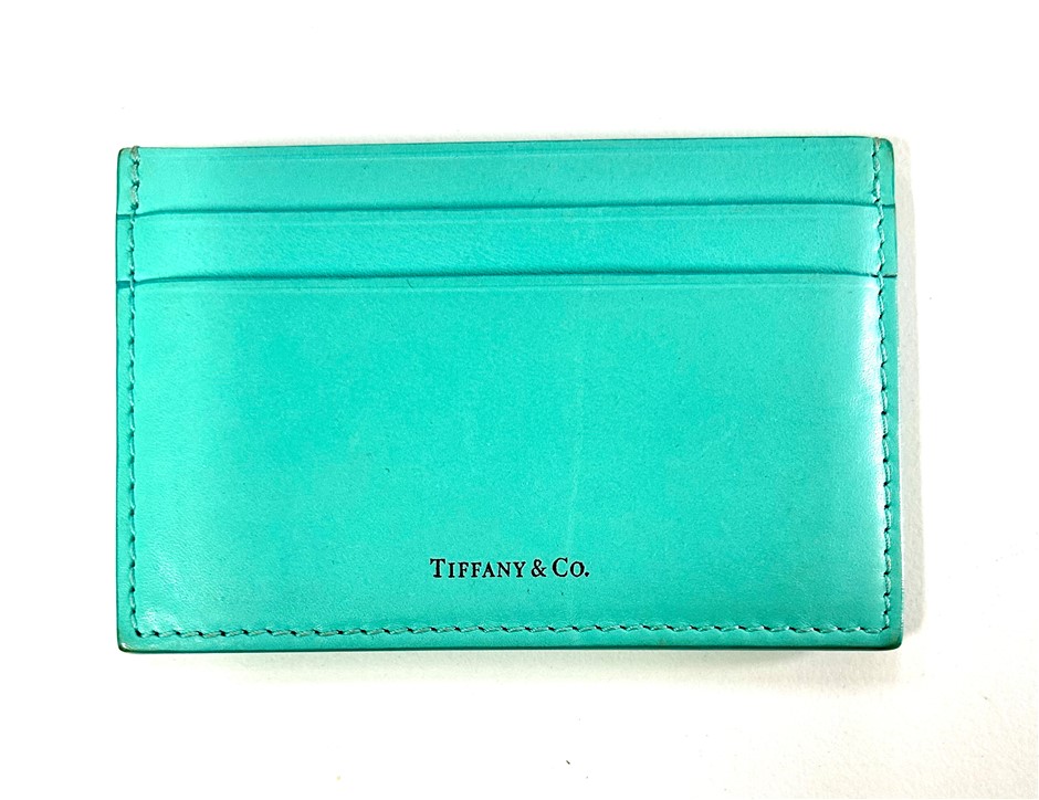 Tiffany & Co Leather Card Holder, blue calfskin leather with black logo ...