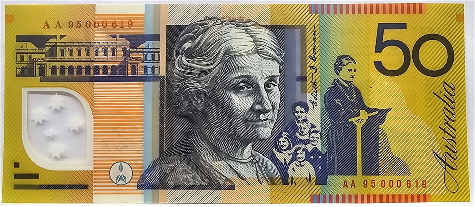 AA PREFIX FIRST AUSTRALIAN $50 POLYMER BANKNOTE Auction (0001-2558754 ...