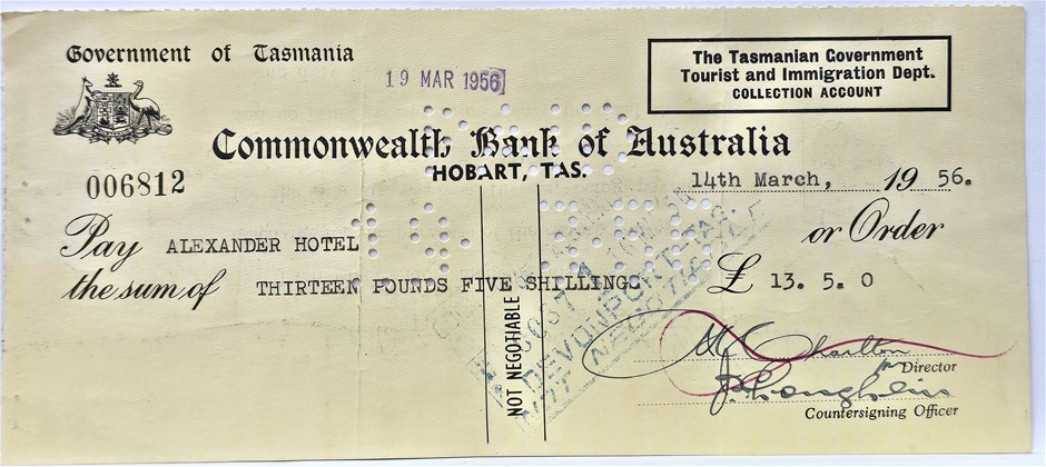 COMMONWEALTH BANK OF AUSTRALIA - TASMANIA CHEQUE Auction (0008-2559847 ...