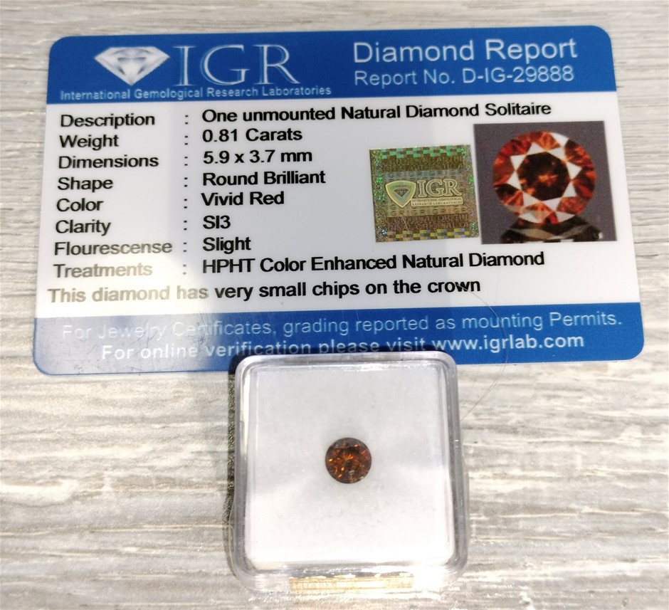 0.81ct - Natural Vivid Red Diamond - IGR Certified - Round Brilliant Cut Auction (0001-2560637 ...