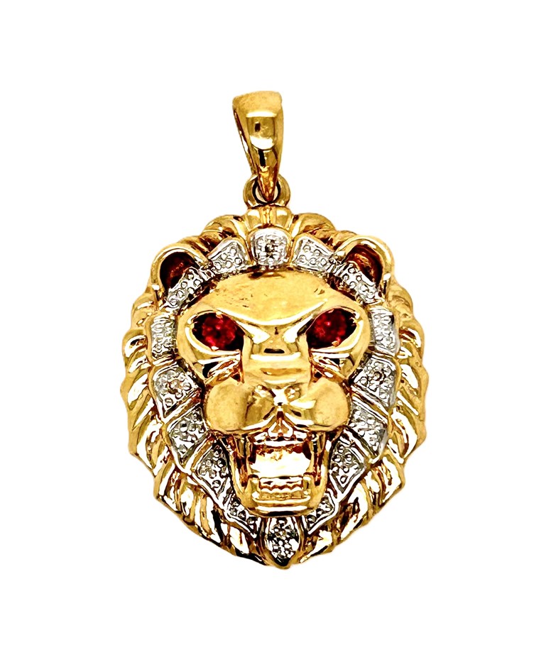9CT Yellow Gold Ruby & Diamond Lion Head Pendant Auction (0098-2559634 ...