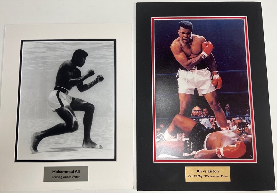 2 x MATTED PHOTOS ALI OVER LISTON AND ALI UNDER WATER. A GREAT SET ...