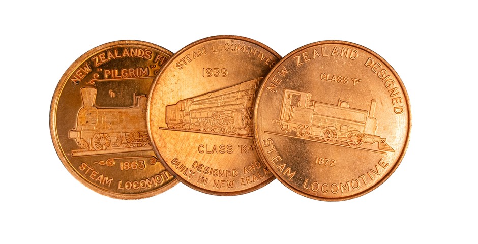 3 x NZ assorted Steam Locomotive copper tokens incl. 1 x 1863 'Pilgrim ...