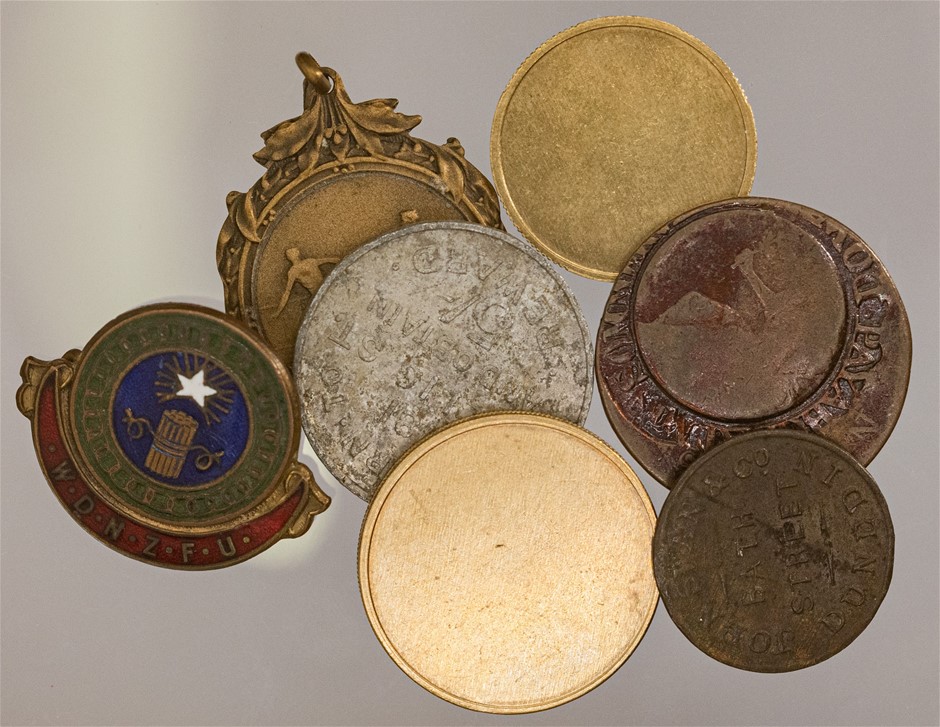 7 x Asstd. NZ Medals, Coins, Badge, Tokens incl. George III Rex Token ...