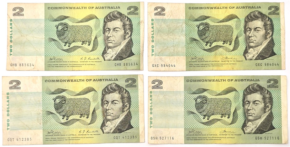 FOUR 1968 & 1972 COMMONWEALTH OF AUSTRALIA $2 BANKNOTES (VERY FINE ...