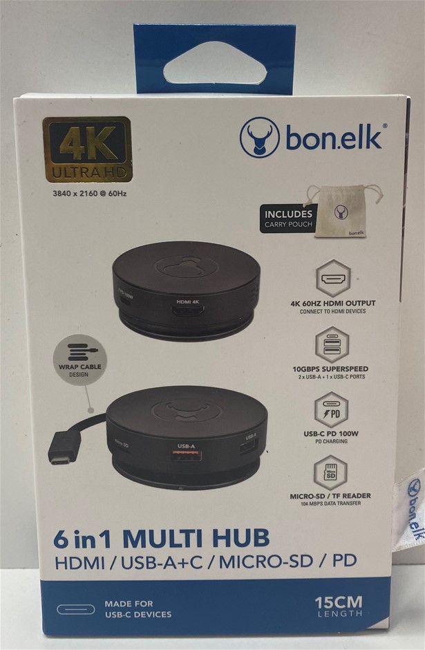 BON.ELK 6 in 1 Multi Travel Hub HDMI/USB-A+C/Micro-SD/PD Auction (0262 ...