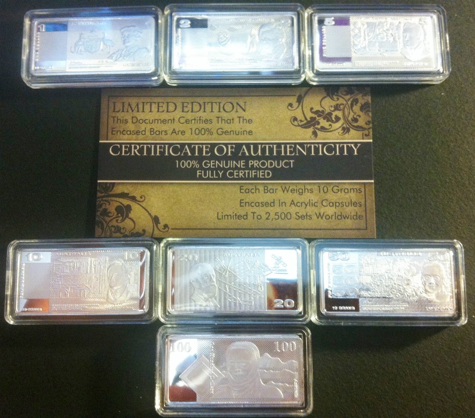 The ``7 x 10g C.O.A.Ingots `OLD AUSTRALIAN NOTE SERIES`` collectible ...