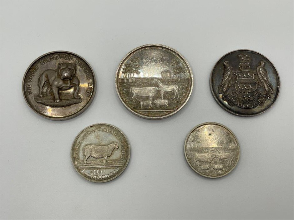 5 x Agricultural & Animal silver medals Cir. 1890-1911 to various ...