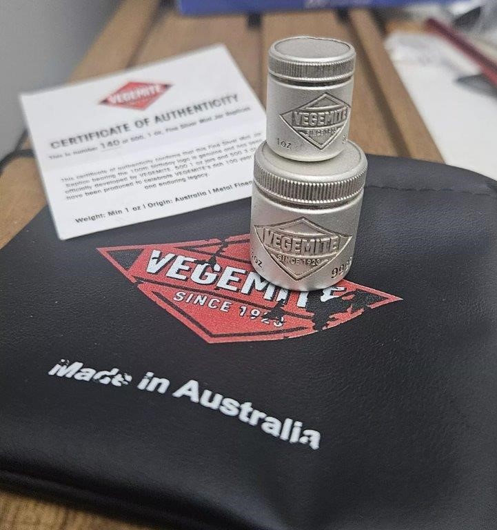 Extremely rare Collectable Vegemite Pure Silver Jars . 3oz And 1 OZ ...