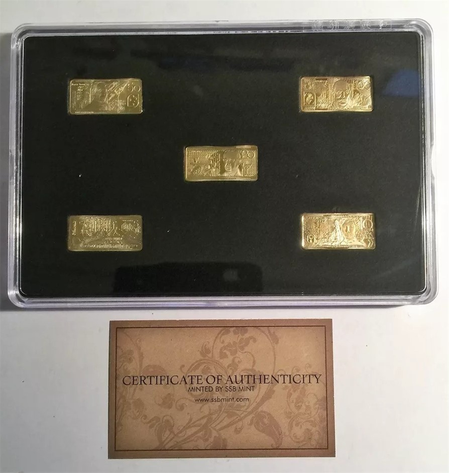 Set of 5 x 5g Polymer Note Series Ingots 999 24k Gold Plated in Display ...
