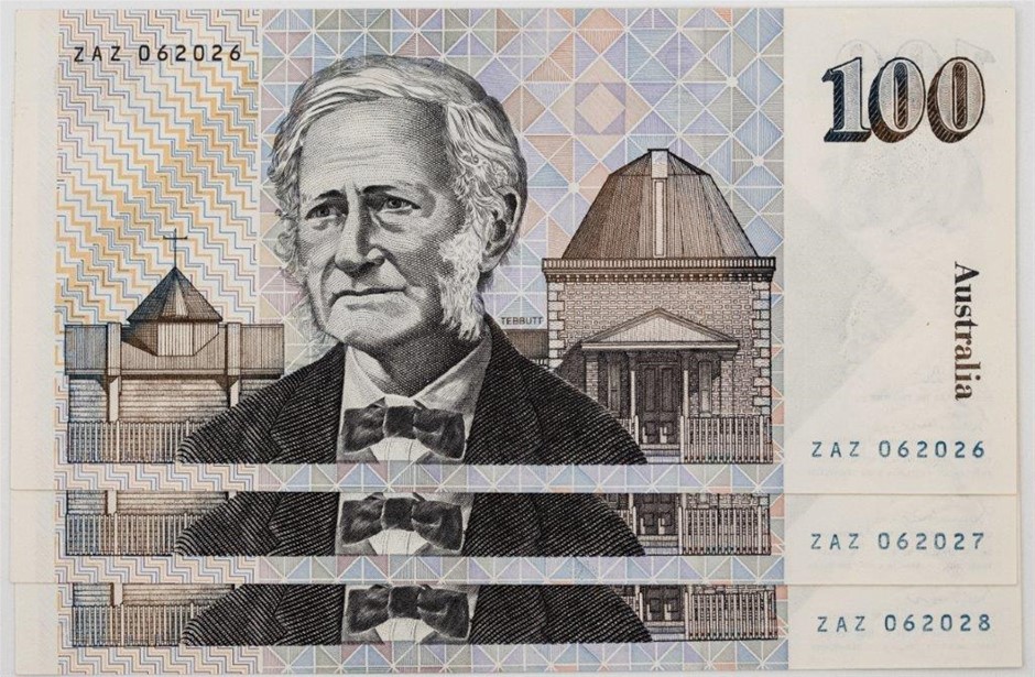 3 x 1984 Australian $100 paper note bills w/ obverse Stone & Johnston ...
