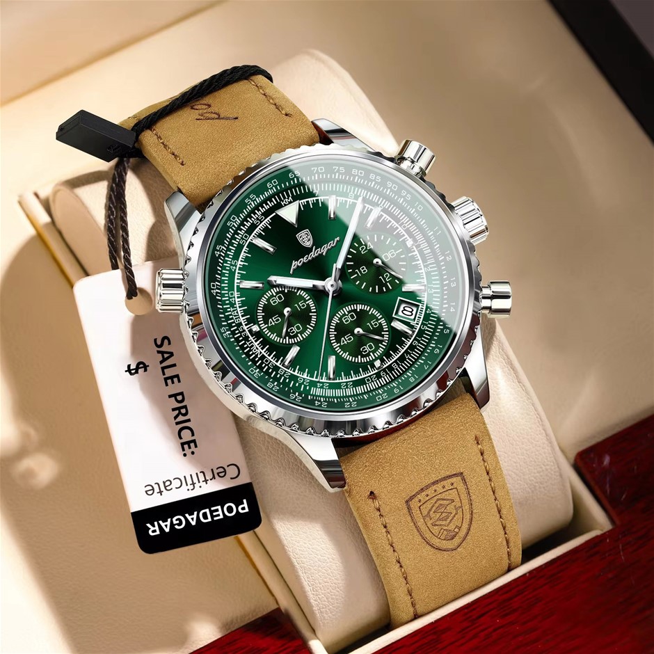 NEW Silver Green POEDAGAR Men's Chronograph Quartz Watch Auction (0010 ...