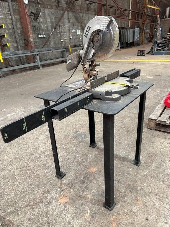 2021 RYOBI EMS1826LRG Electric drop saw on fabricated table Auction ...