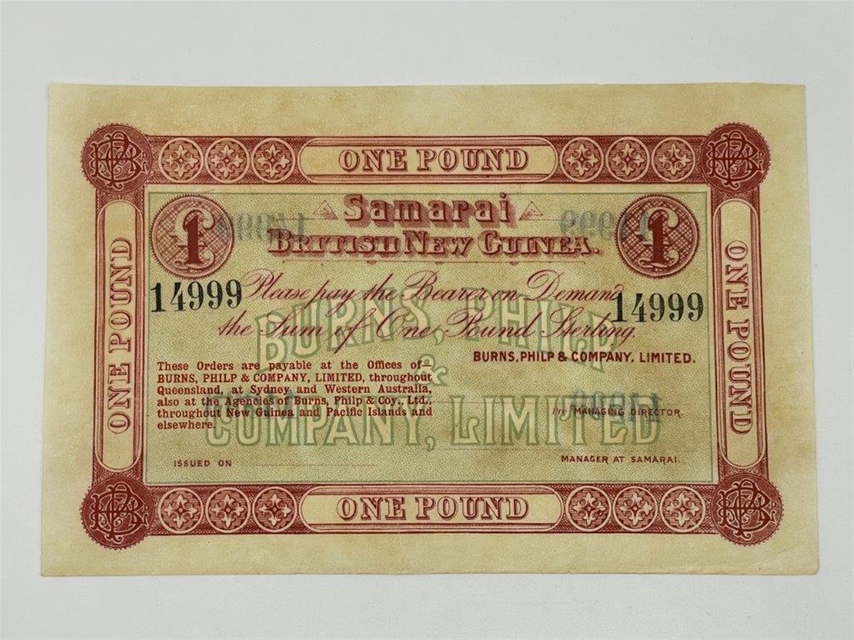 Samarai British New Guinea One Pound Pre-Decimal Banknote, uncirculated ...