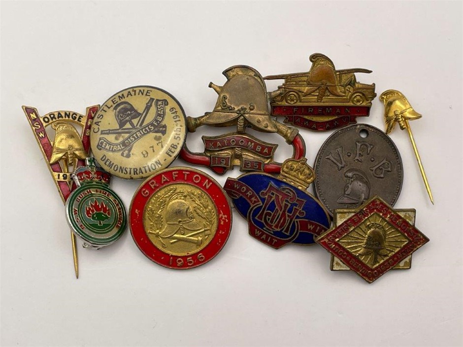 10 x Australian Fire Brigade Badges & Pins, enamel & metal C:1950s ...